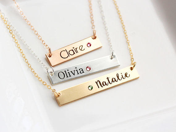 Engraved Birthstone Bar Necklace Thick Bar